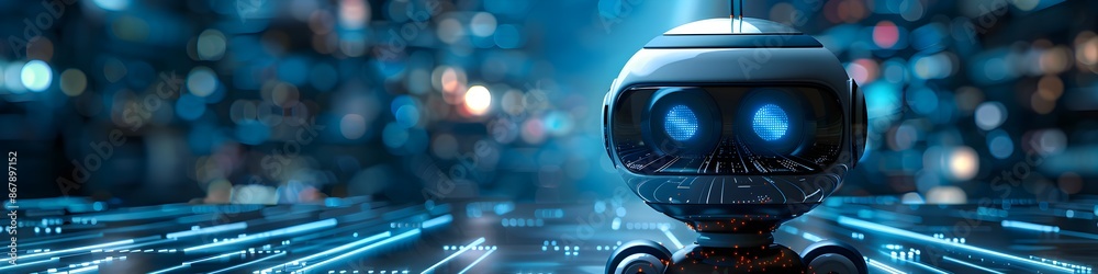 Blue digital robot icon levitation and circle futuristic HUD with Ai ...