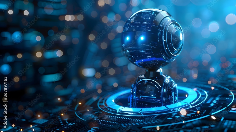ภาพประกอบสต็อก Blue digital robot icon levitation and circle futuristic ...
