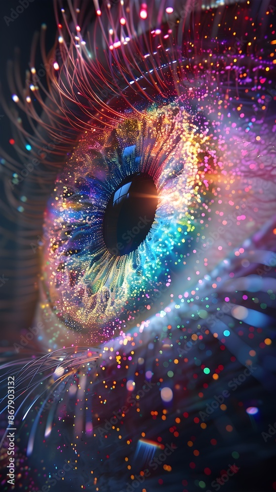 Human multicolored iris of the eye animation concept. Rainbow lines ...
