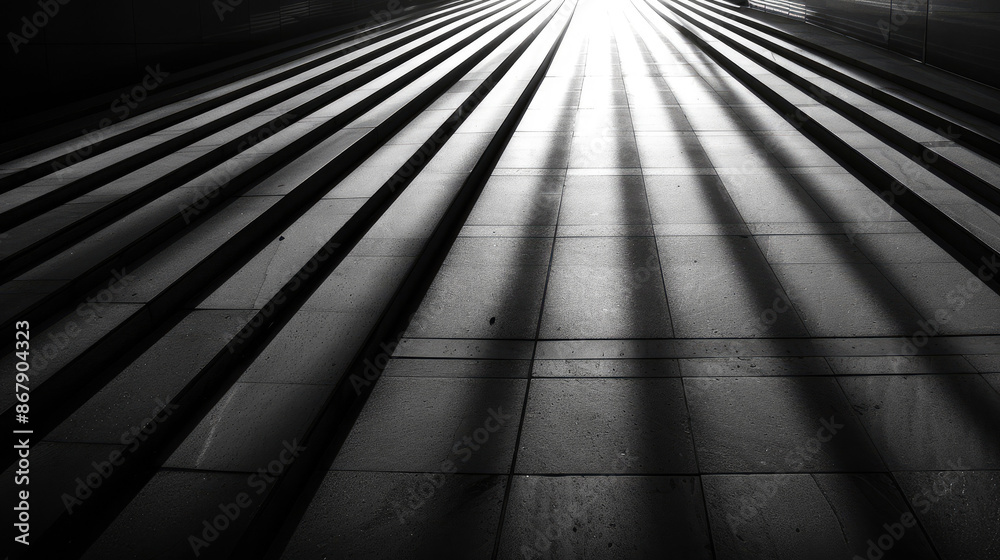 Sunlight streams through the gaps above, casting long, parallel shadows ...