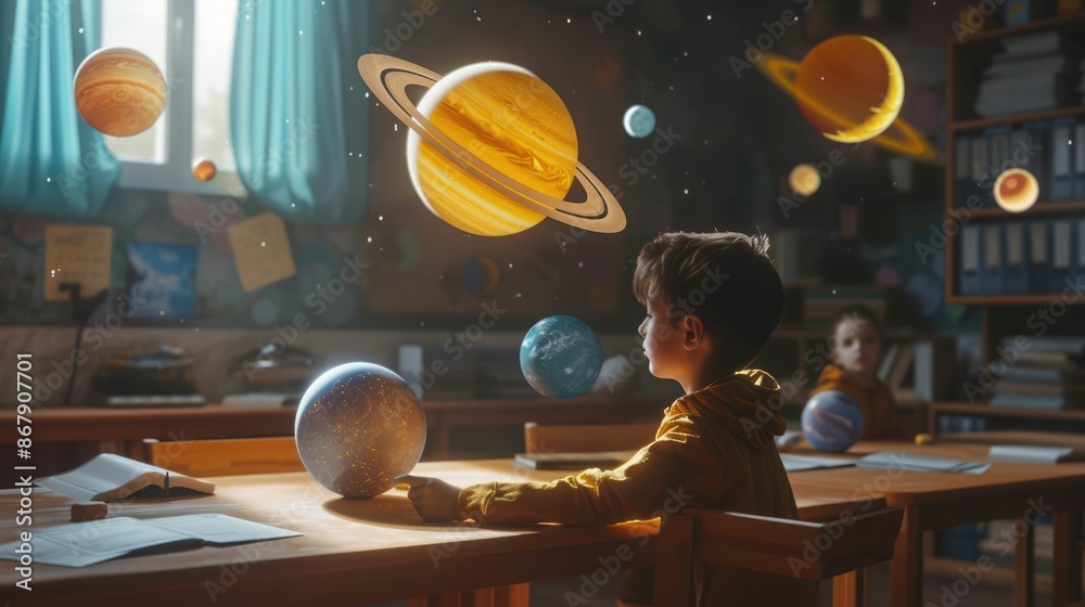Group of skilled elementary student studying about astronomy and space ...