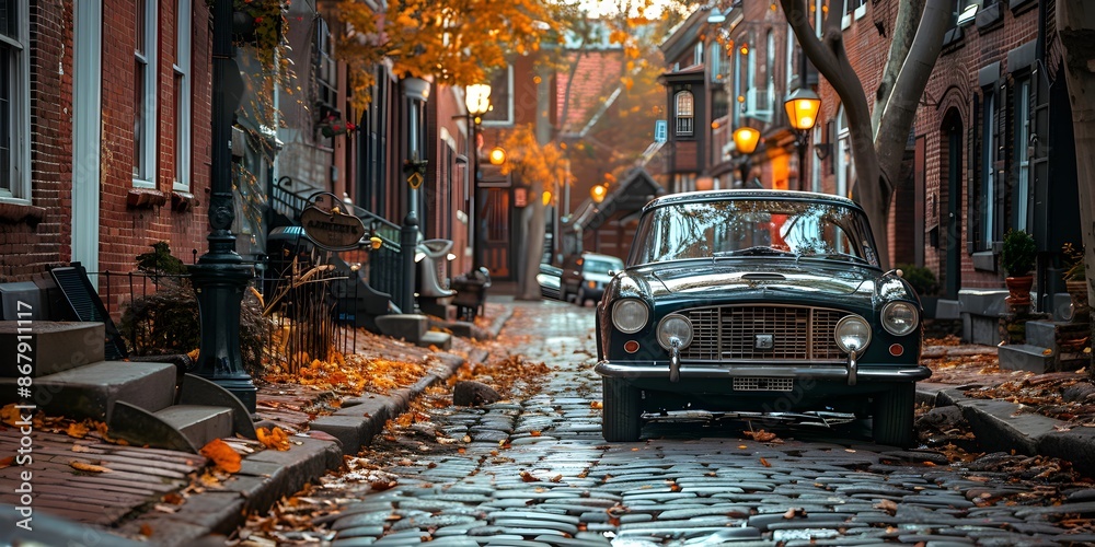 Urban Street Scene: Photograph a retro car parked on a cobblestone ...