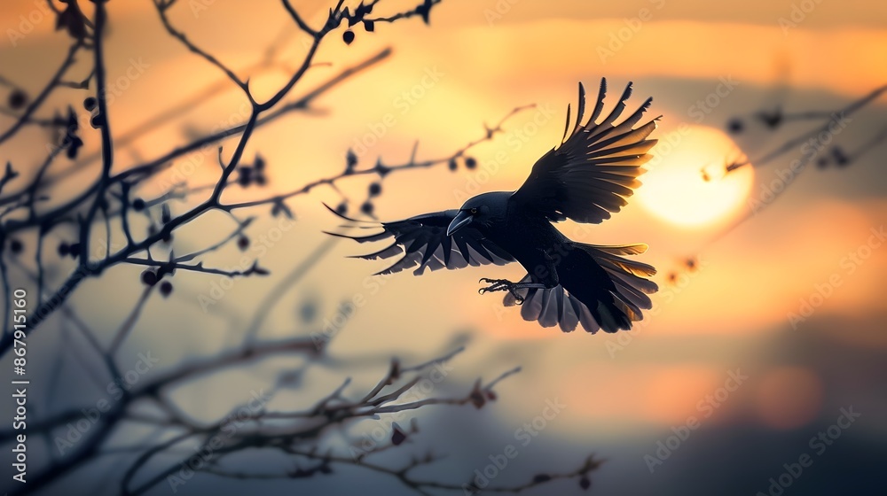 Majestic black crow soaring up from a bare branch against a vibrant ...