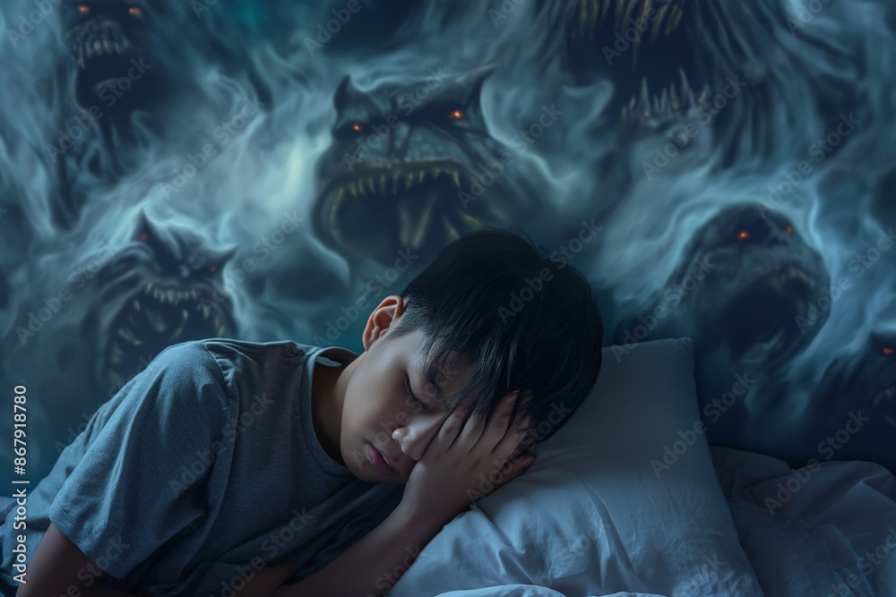 Frightened boy sleeping ghostly monsters his dream. Imagination runs ...