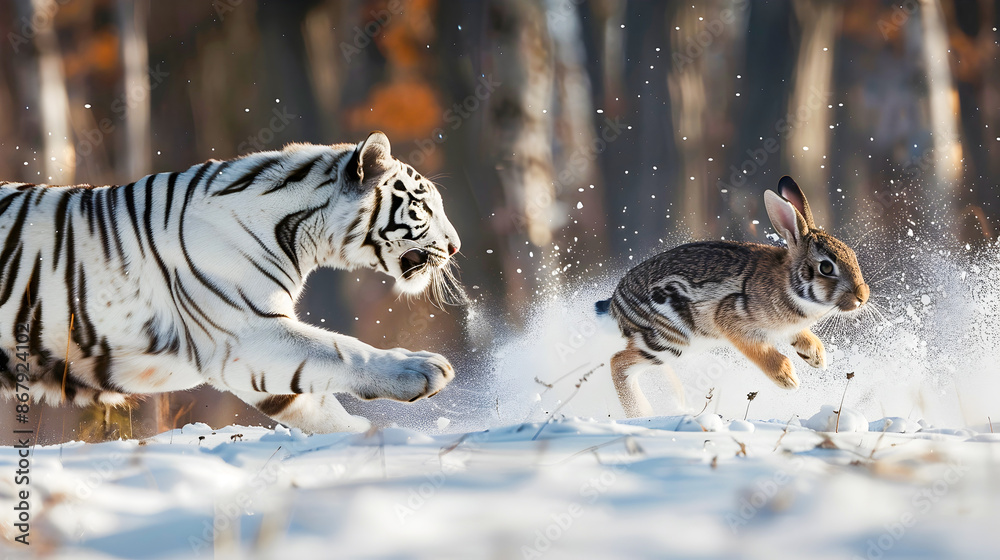 Powerful white tiger sprinting at full speed to catch an agile wild ...