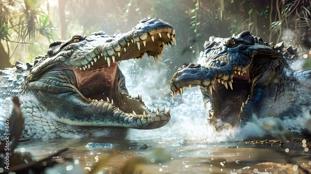 Two enraged crocodiles attacking each other aggressively in the depths ...