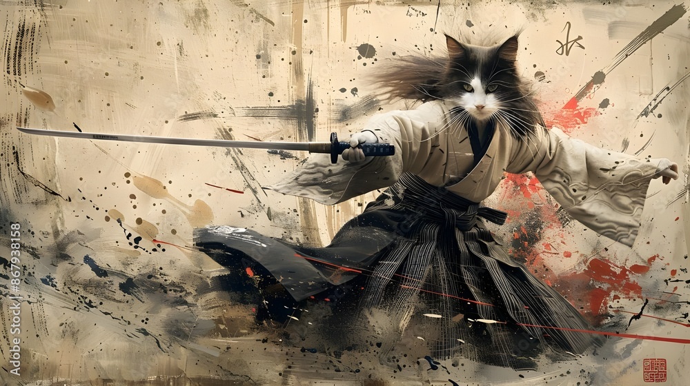 Japanese cat samurai warrior in battle pose with katana sword, wearing ...