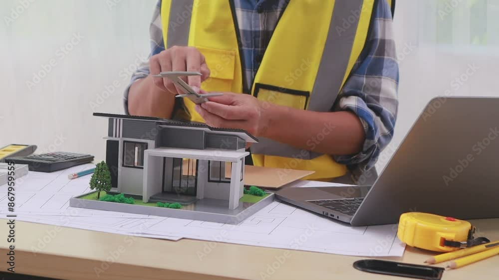 A male engineer inspects a structural model of a house at his ...