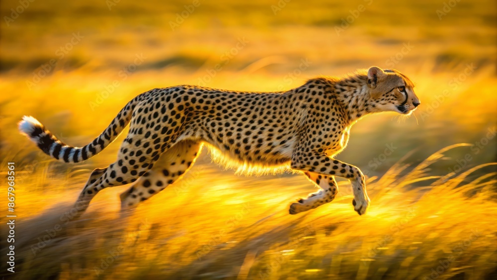 Golden Brown Acinonyx Jubatus Sprinting Across Sun Drenched Savannah
