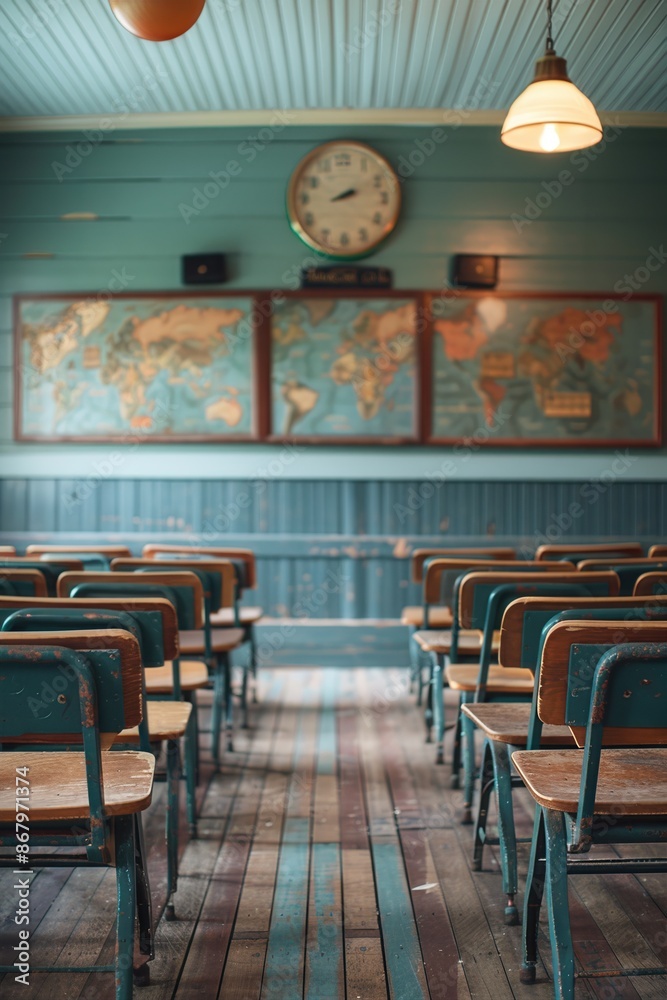 Vintage classroom with world maps on the wall, wooden desks, and chairs ...