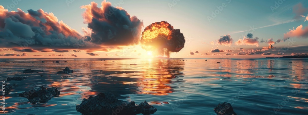 International Day against Nuclear Tests. Intense explosion with a fiery ...