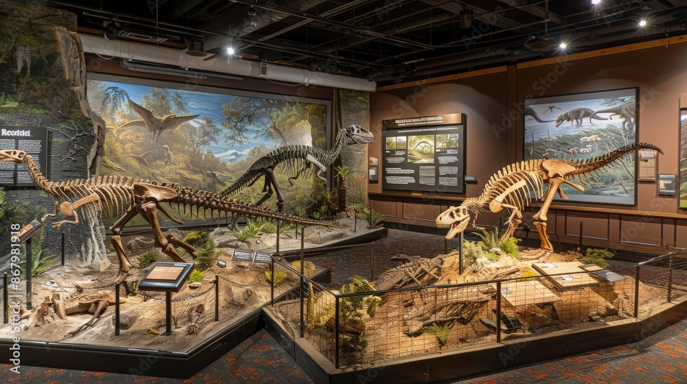 Dinosaur exhibit showcasing detailed skeletal reconstructions with ...