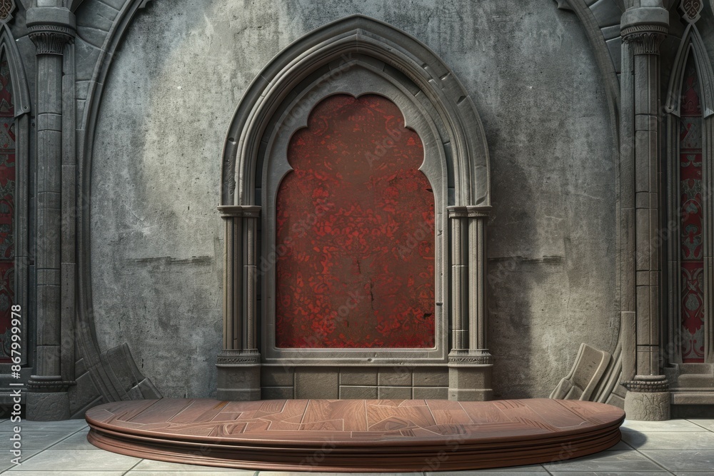 Gothic arched window in medieval castle or cathedral, weathered stone ...