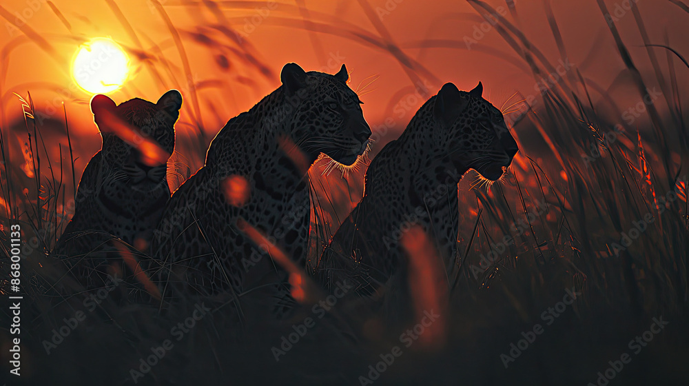 Panthers in the black, the sun sinking over the grasslands. a natural ...