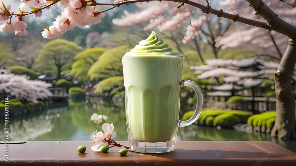 matcha latte hot, beautiful light green colour, in a tall glass ...