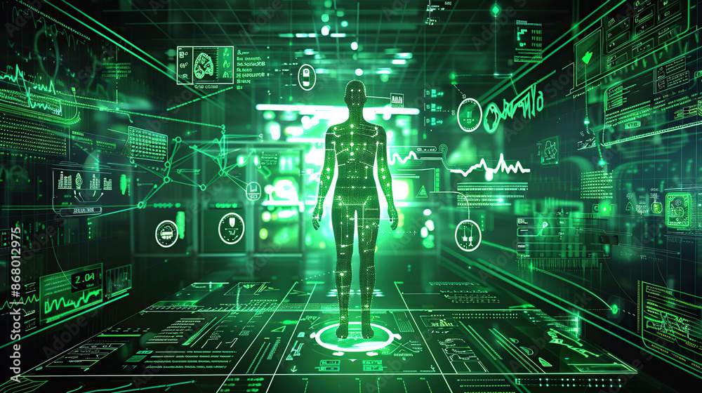 A digital human figure surrounded by glowing green data visualizations ...