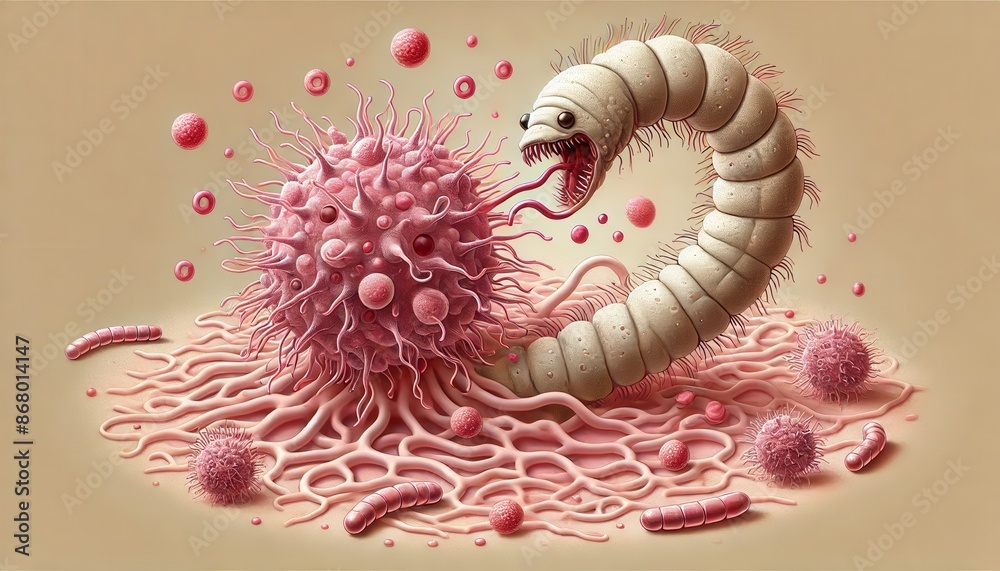 Artistic Depiction of a Parasitic Worm and Cancer Cell Interaction ...