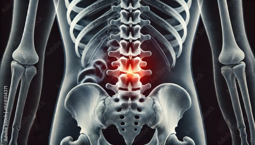 X-ray Image of Human Spine Highlighting Lumbar Vertebrae with Red Pain ...