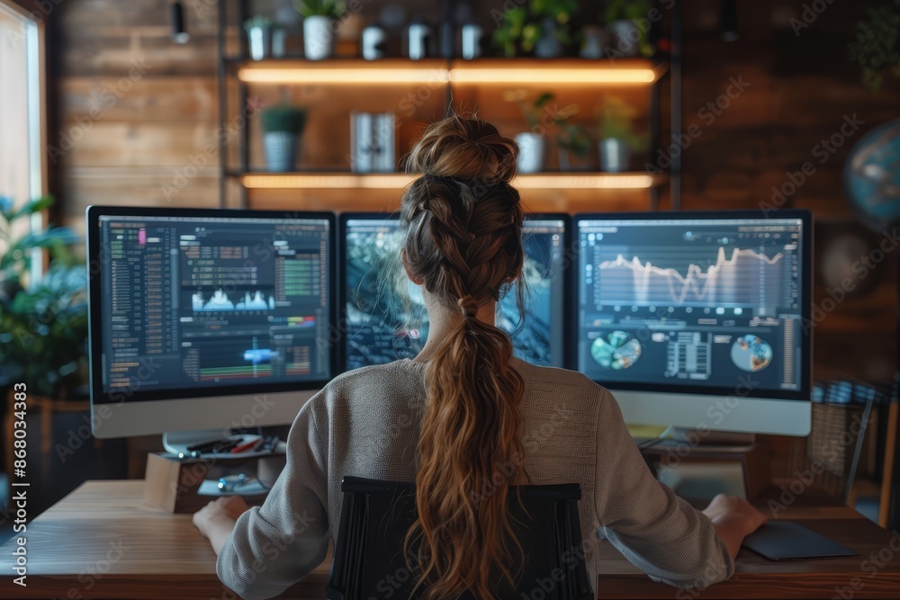 Remote worker using a dual monitor setup in a minimalist home office ...