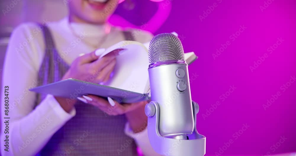 Girl, hands and influencer in home with microphone, neon and pleasure ...