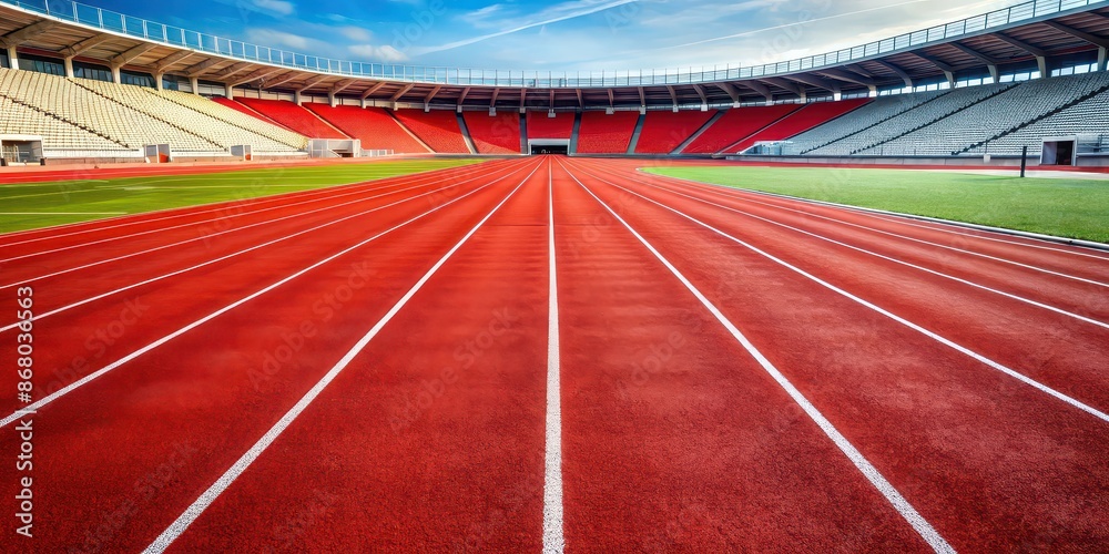 Red runway with white numbering at a stadium , sports, athletics, track ...