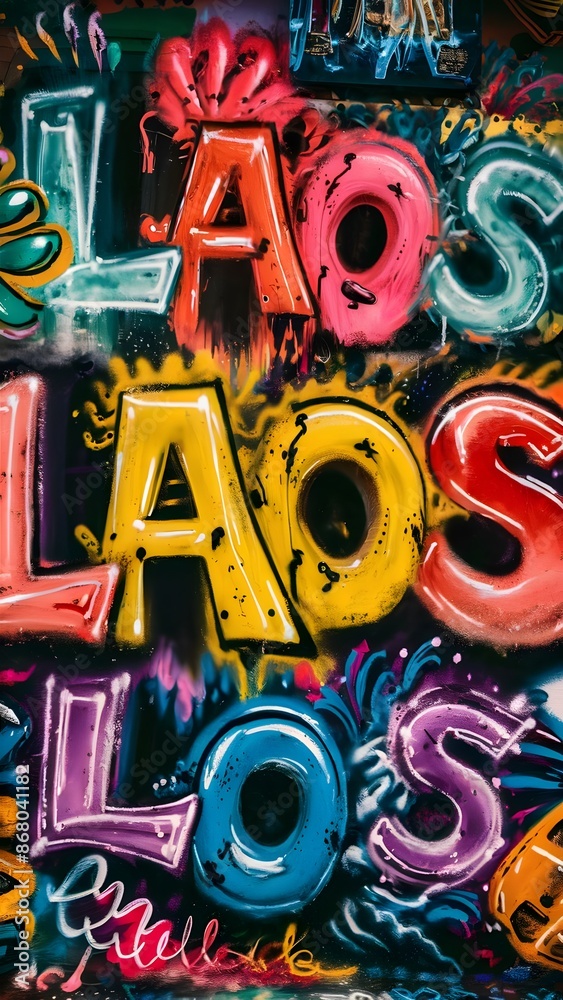 Colorful graffiti with the word Laos drawn in large, stylish letters ...
