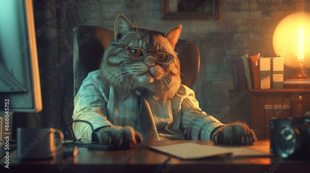 3D rendering of A fat cat wearing a white shirt and tie is sitting at ...