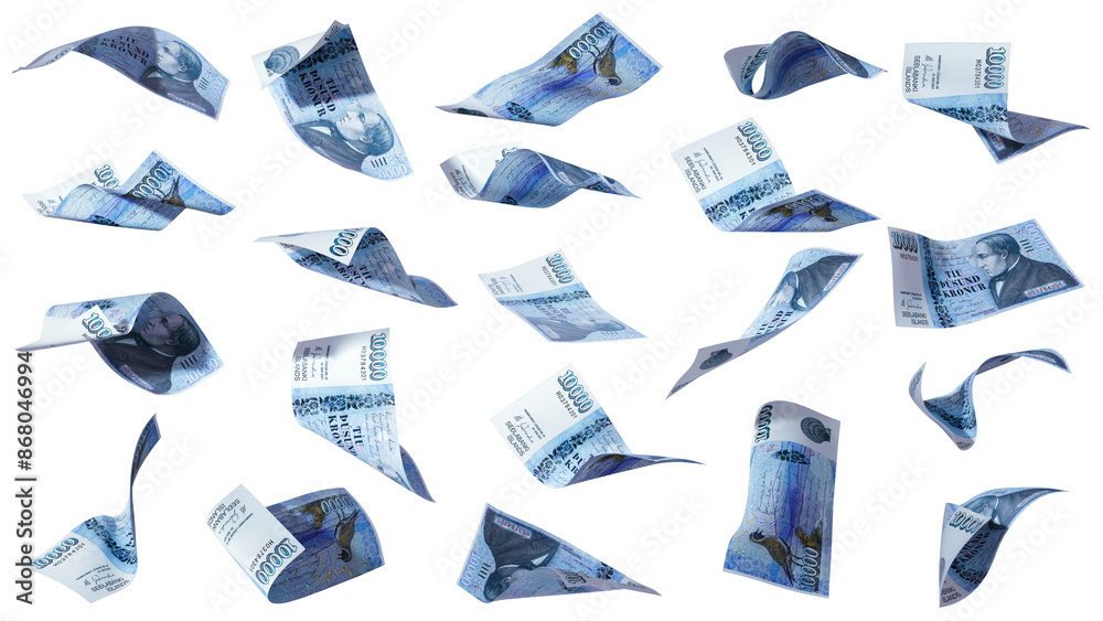 Set of Icelandic krona notes flying in different angles and ...