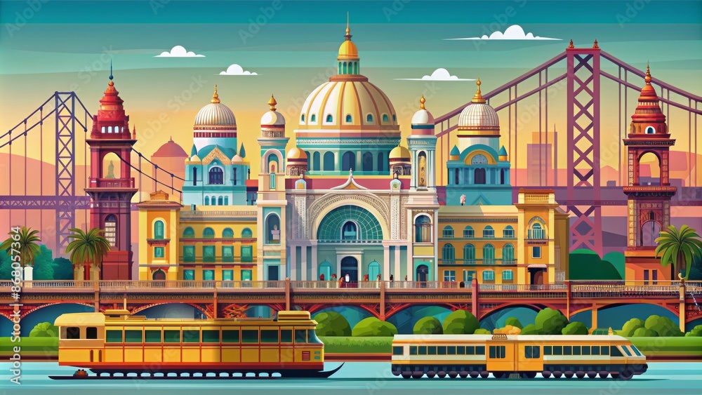 Vibrant flat design illustration of Kolkata's iconic landmarks, Howrah ...