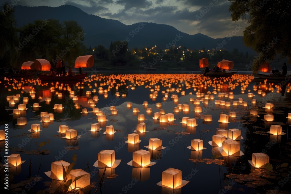 Floating Lantern Lake: Tents by a lake filled with floating lanterns ...
