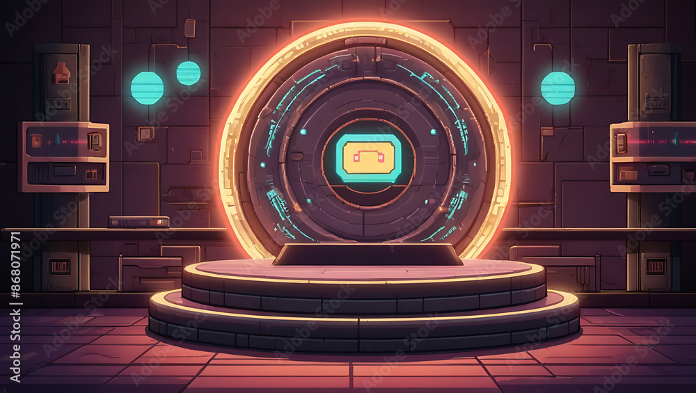 Circular podium with retro gaming theme. Pixel art textures, vintage ...