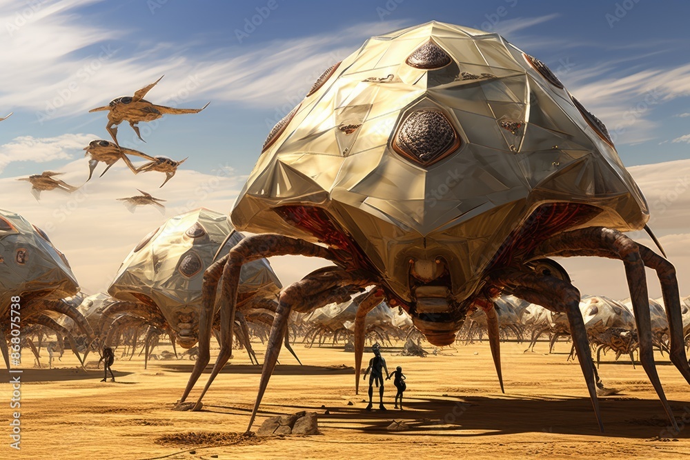 Insectoid Planet: Tents surrounded by giant, friendly insect-like ...