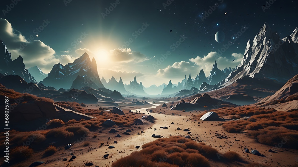 ภาพประกอบสต็อก Virtual Reality Landscape: A surreal 3D environment ...