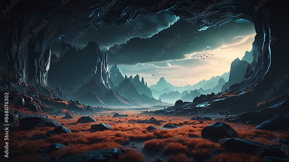 Virtual Reality Landscape: A surreal 3D environment featuring ethereal ...