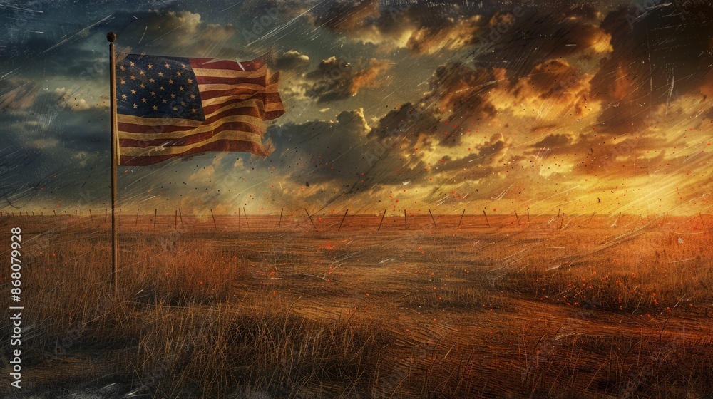 American flag on a historic battlefield, honoring the past, solemn and ...