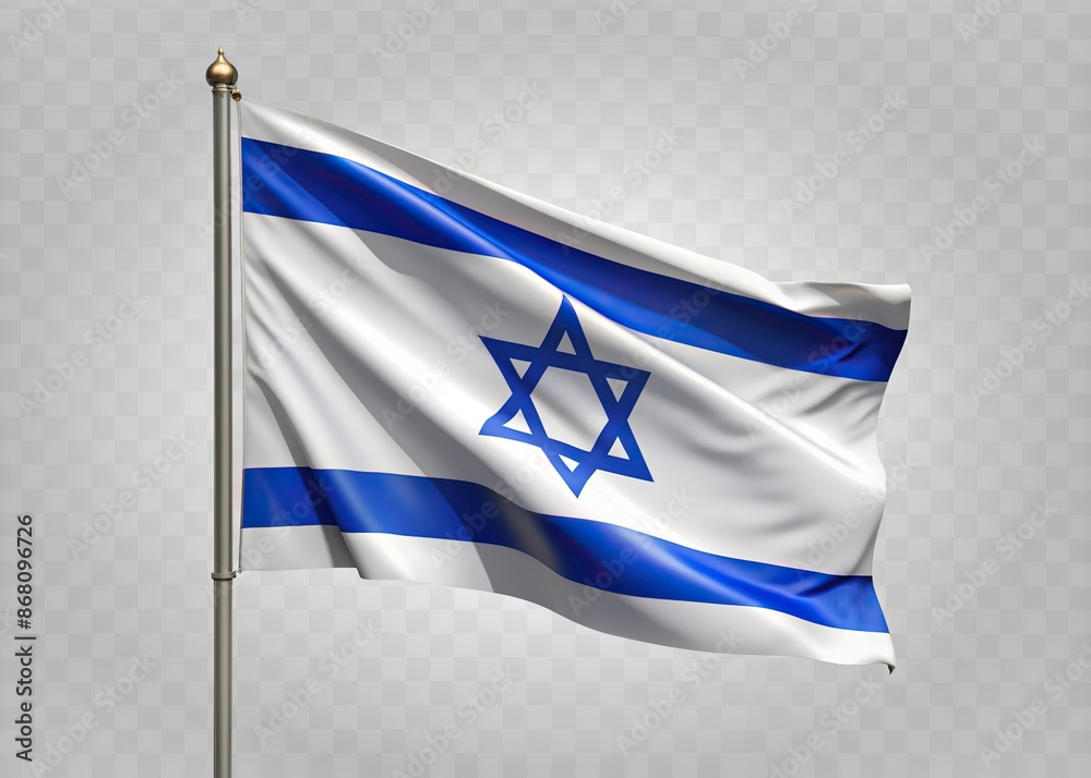 Vibrant blue and white Israeli national flag waving freely on ...
