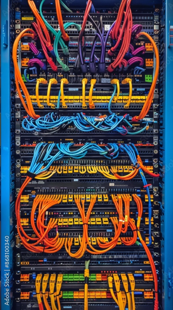 Network rack wiring diagram in blueprint style, color-coded cables ...