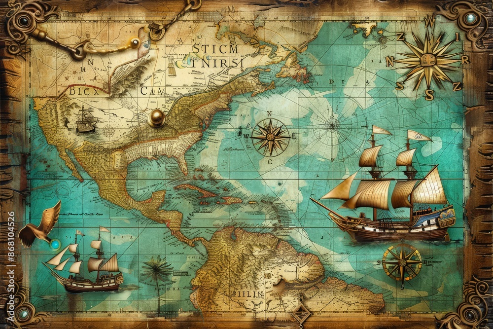 Antique old map of the caribbean sea islands and compass with vintage ...