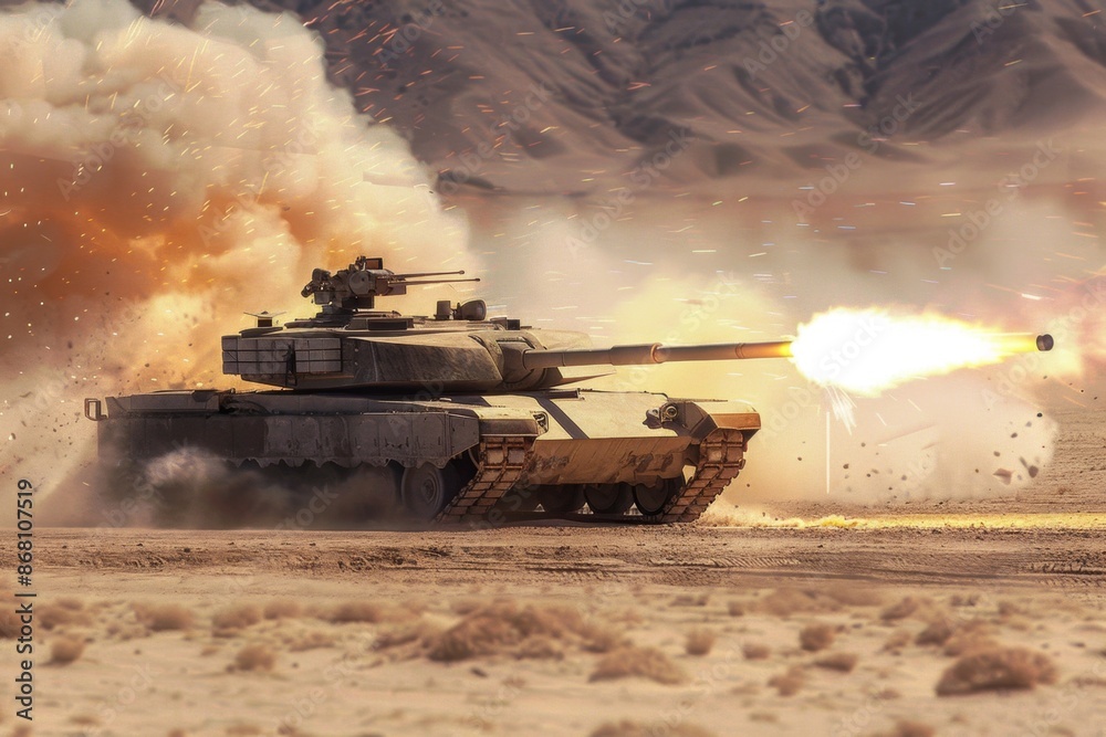 A hyper-realistic illustration of an Military tank M1 Abrams firing its ...
