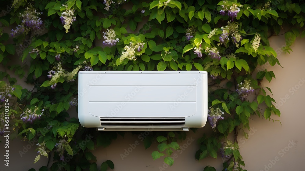 The image shows a white air conditioning unit mounted on a wall outside ...