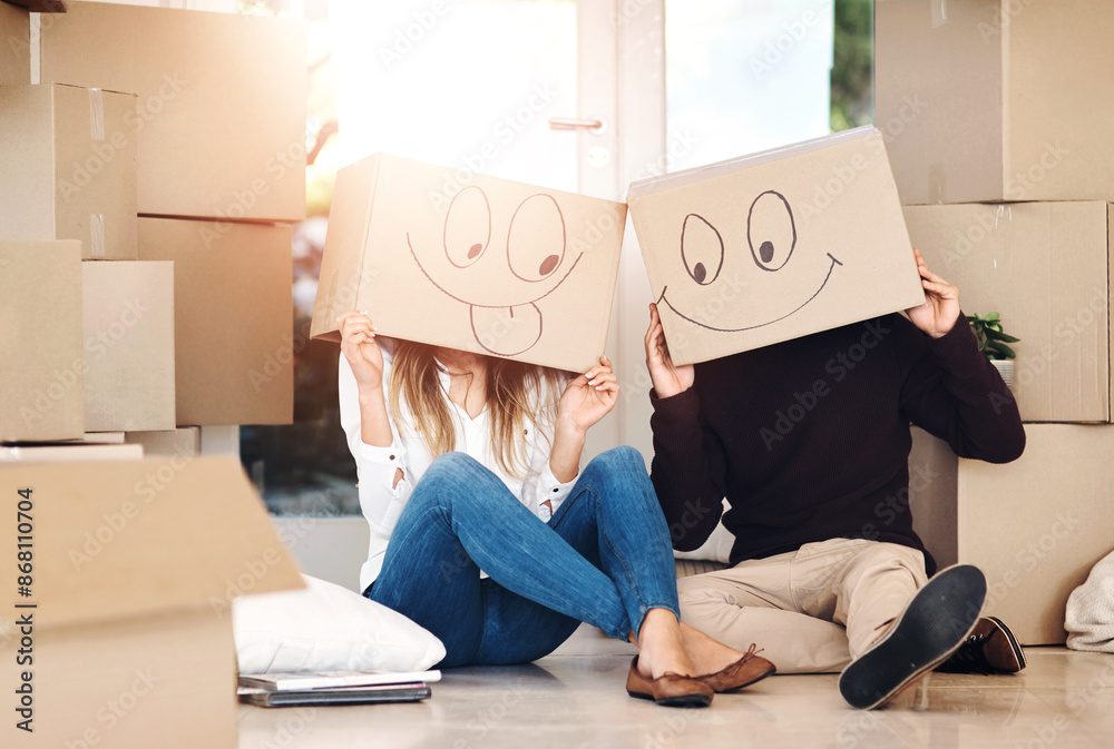 New home, box and couple with emoji for moving, property purchase and ...