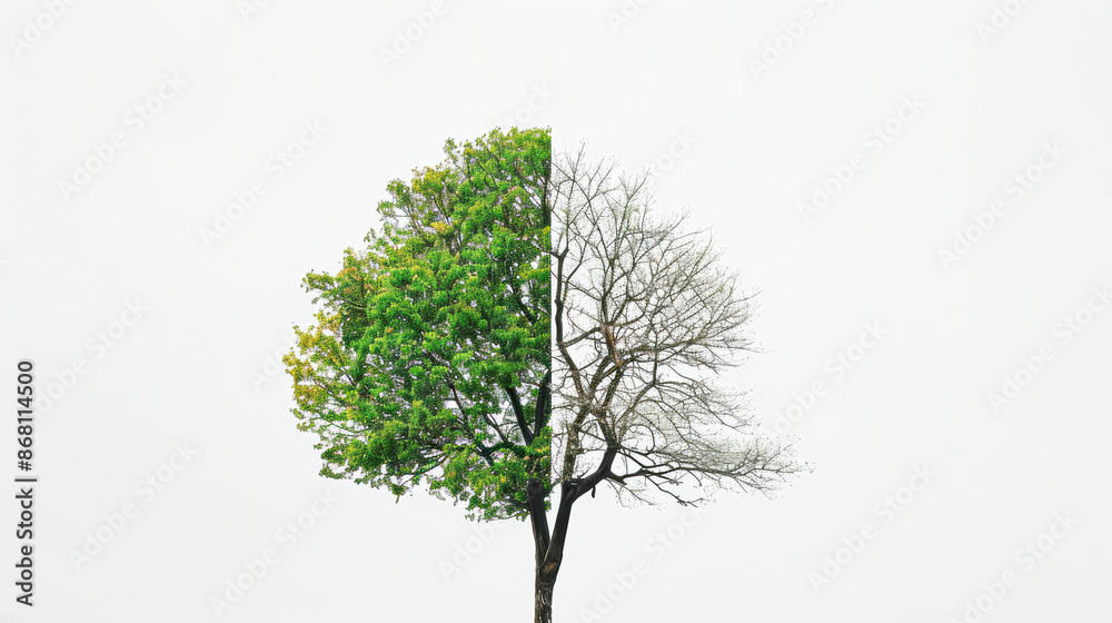 Harmonious Contrast of Green and Bare Minimalist Tree with Half Leaves ...