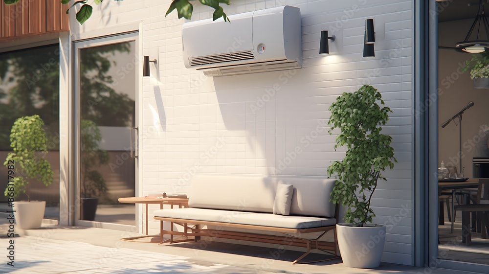 The image shows an outdoor patio area with a modern design featuring a ...