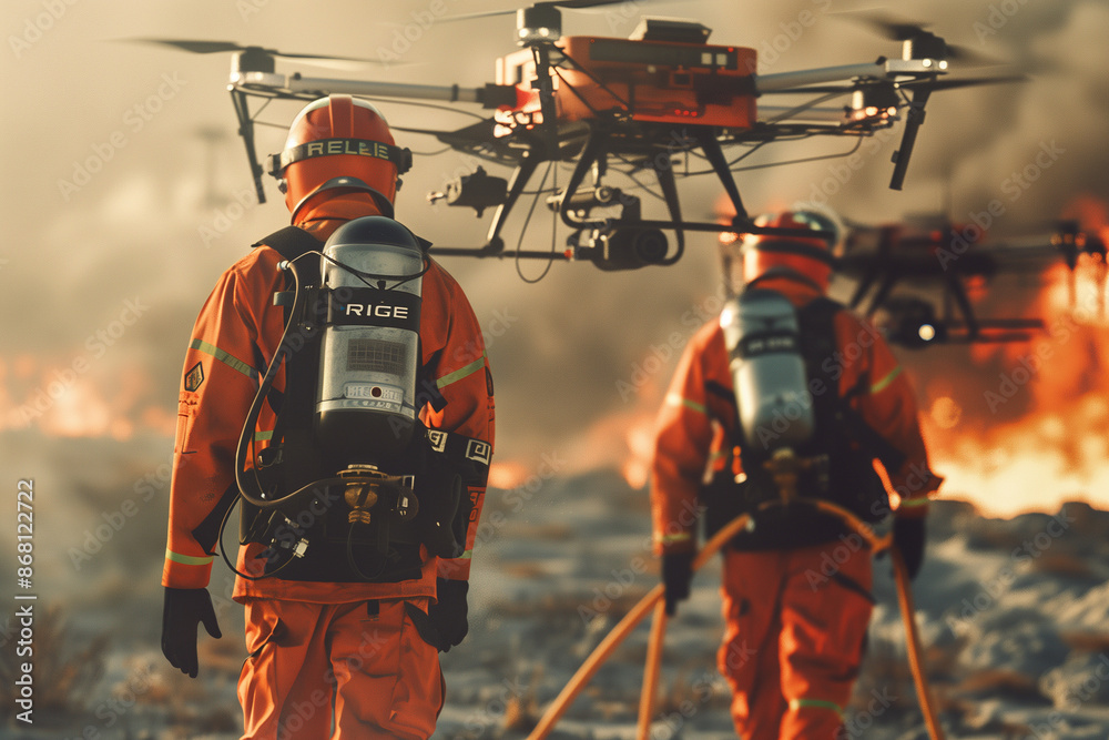 Emergency response team of futuristic firefighters deploying autonomous ...