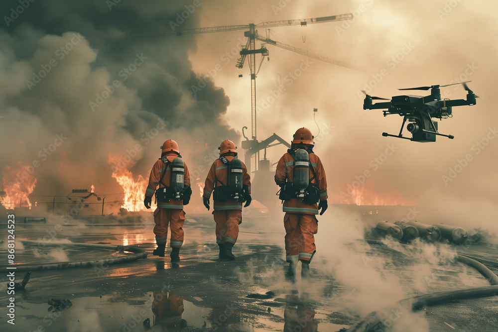 Emergency response team of futuristic firefighters using drones to ...