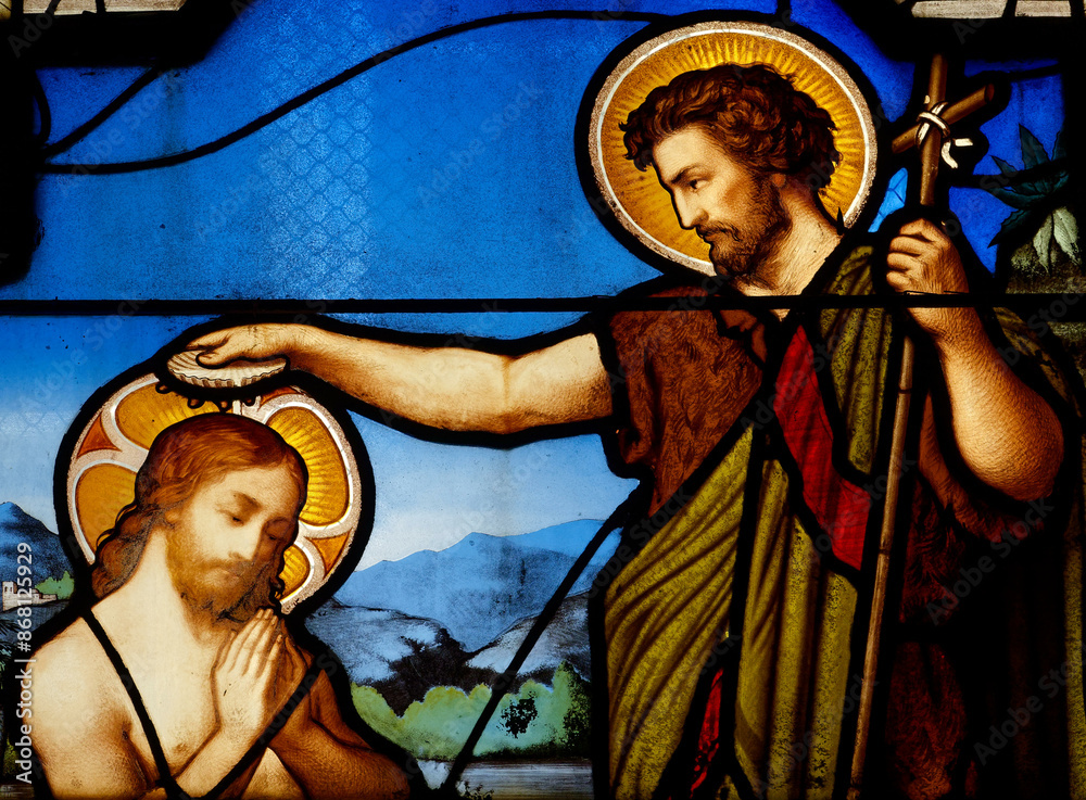 Baptism of Jesus by John the Baptist in the Jordan river. Baptême de ...