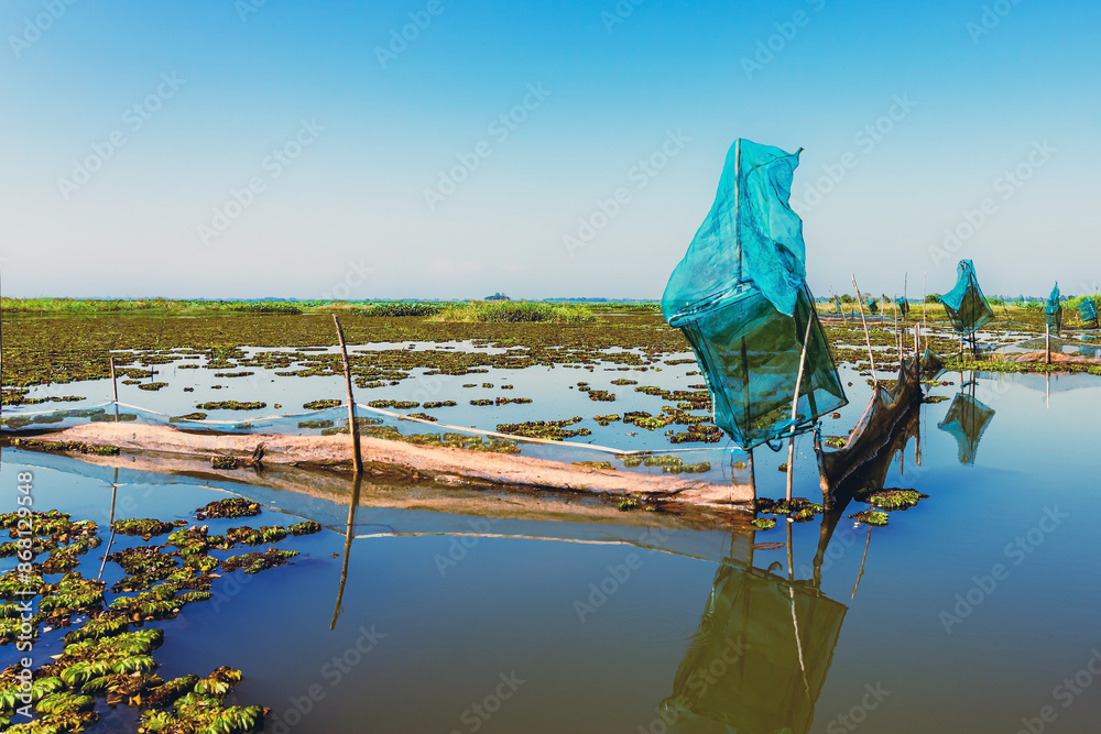 Traditional fish trap with beautiful landscape view. Shrimp and crab ...