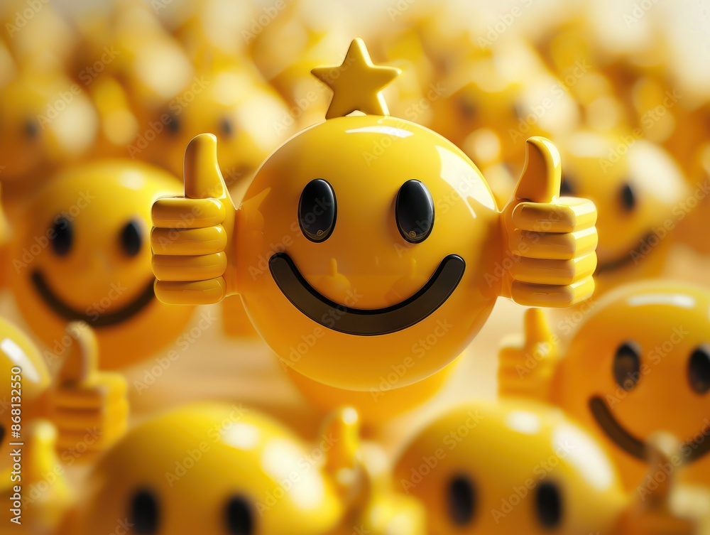 Smiley face surrounded by positive symbols, thumbs-up gestures, stars ...