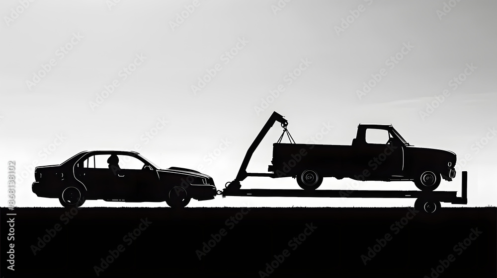 A black and white silhouette of a tow truck towing a car on a flatbed ...