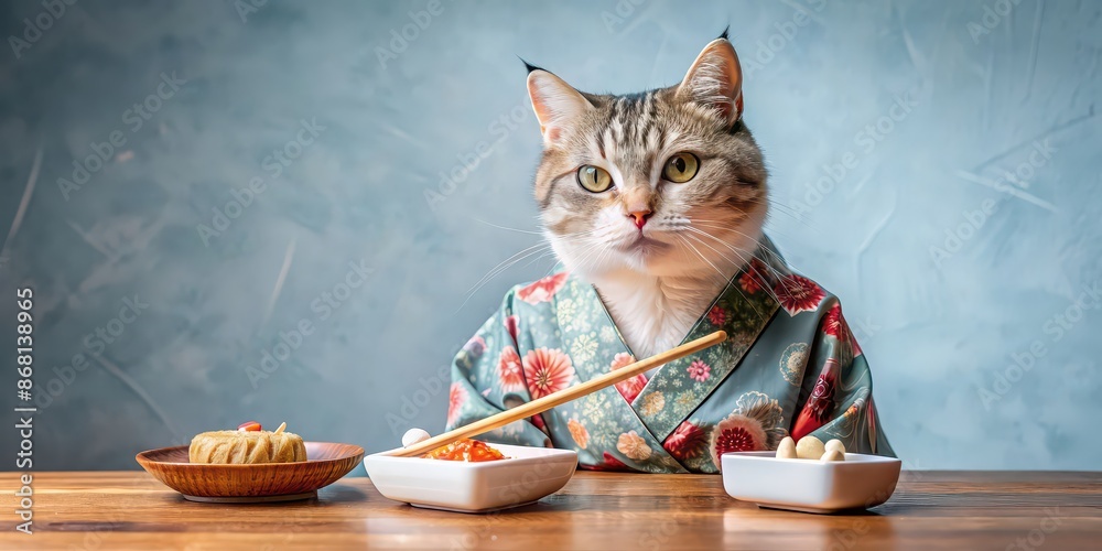 Cute cat in kimono using chopsticks to eat sushi , cat, sushi ...